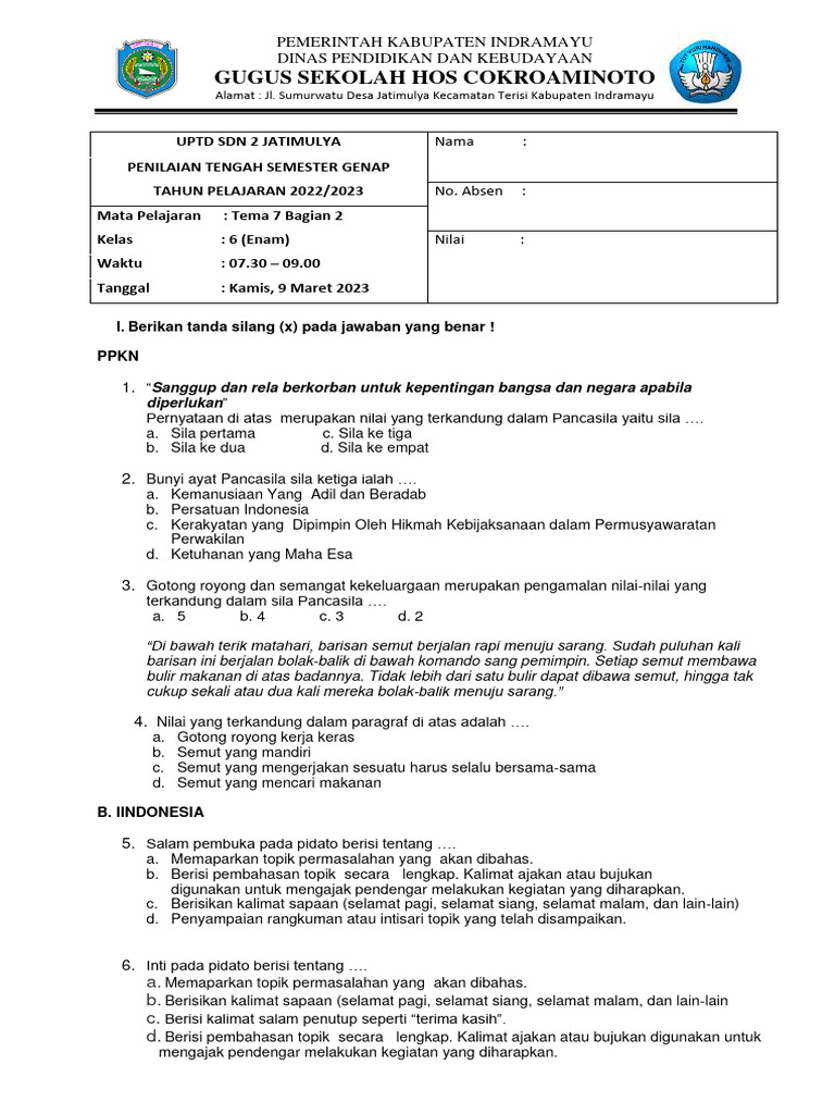 Soal Pts Kelas 6 Tema 7 Sub 2 Dan Sub 3 - Fix | PDF | Kajian Bahasa Asing