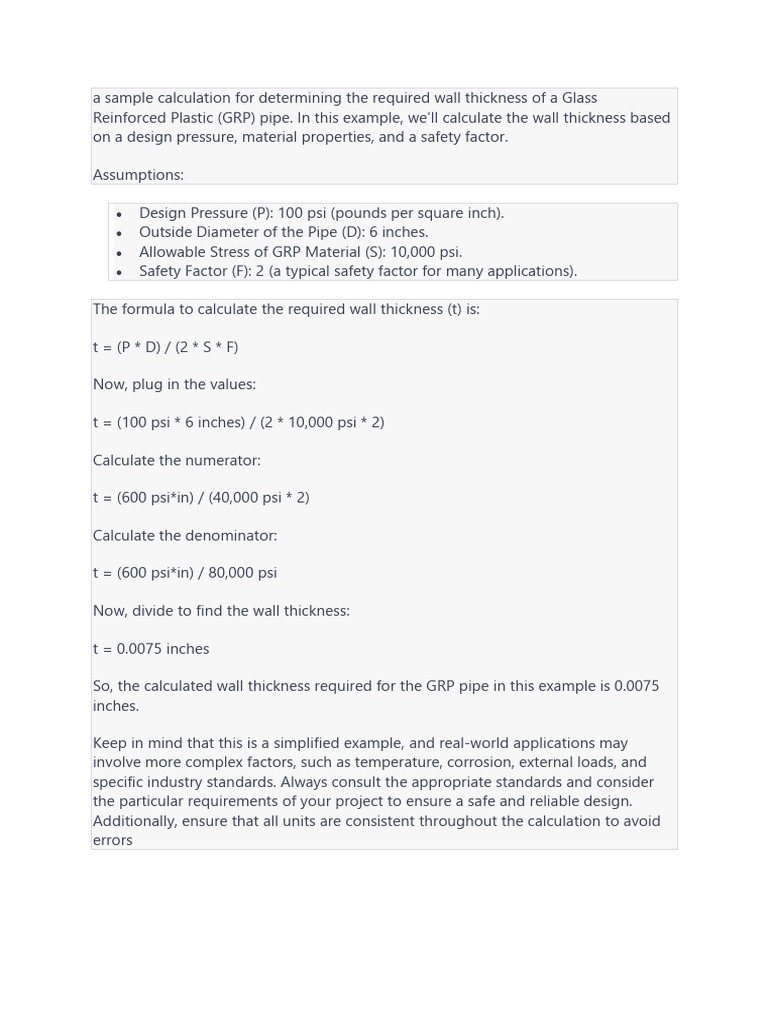 GRP Pipe Wall Thickness Calculation | PDF