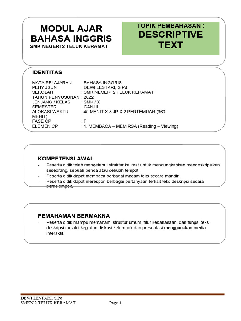 Modul Ajar Descriptive Bahasa Inggris | PDF | Karier & Perkembangan