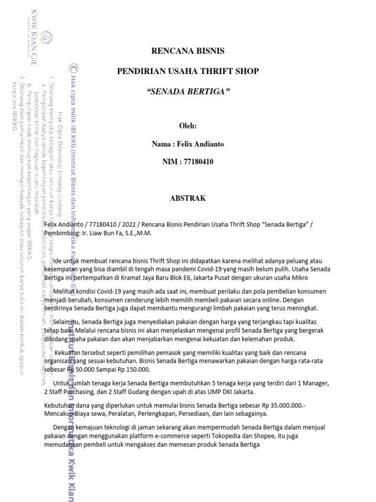 Rencana Bisnis Pendirian Usaha Thrift Shop: "Senada Bertiga" | PDF