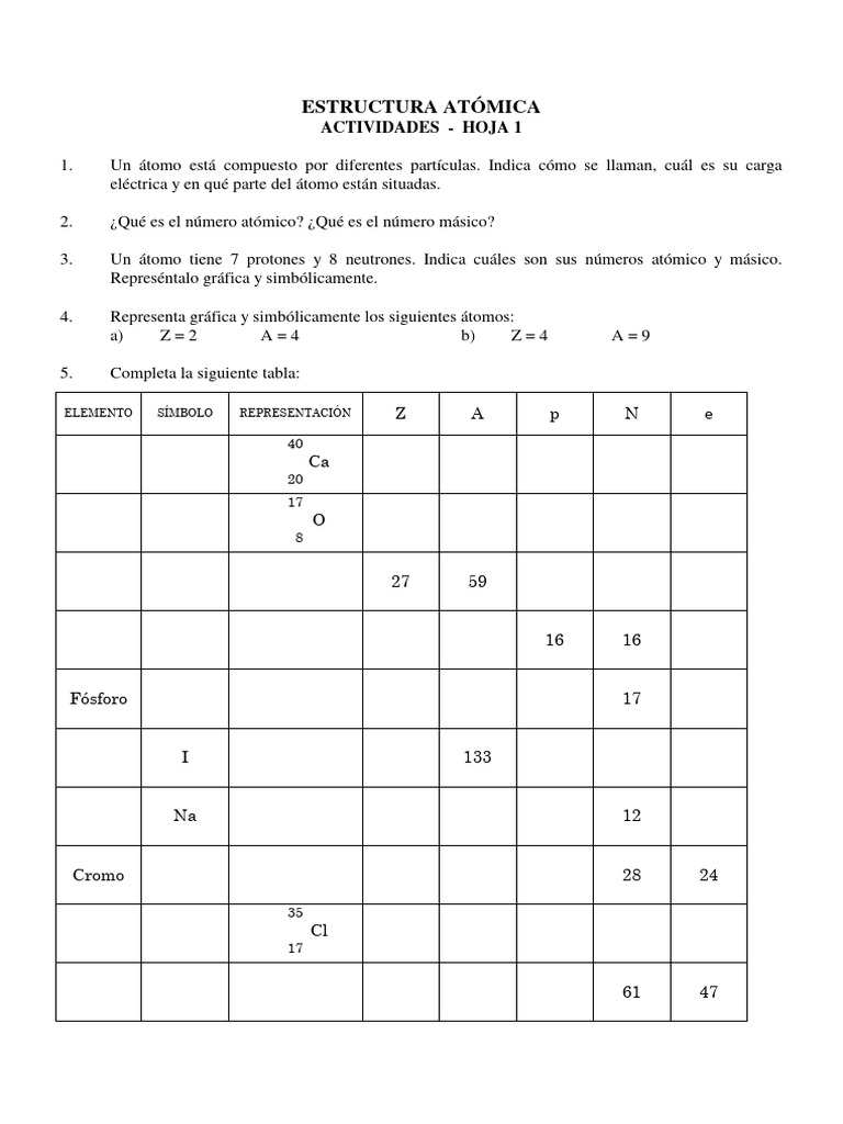 Estructura Atómica: Actividades 3º ESO | PDF | Átomos | Química