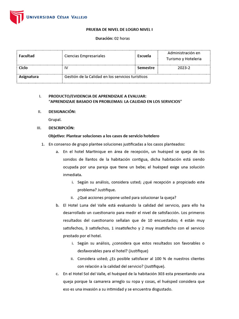 Ath - Prueba de Nivel de Logro Nivel 1 v3 | PDF | Hotel | Gestión de la calidad