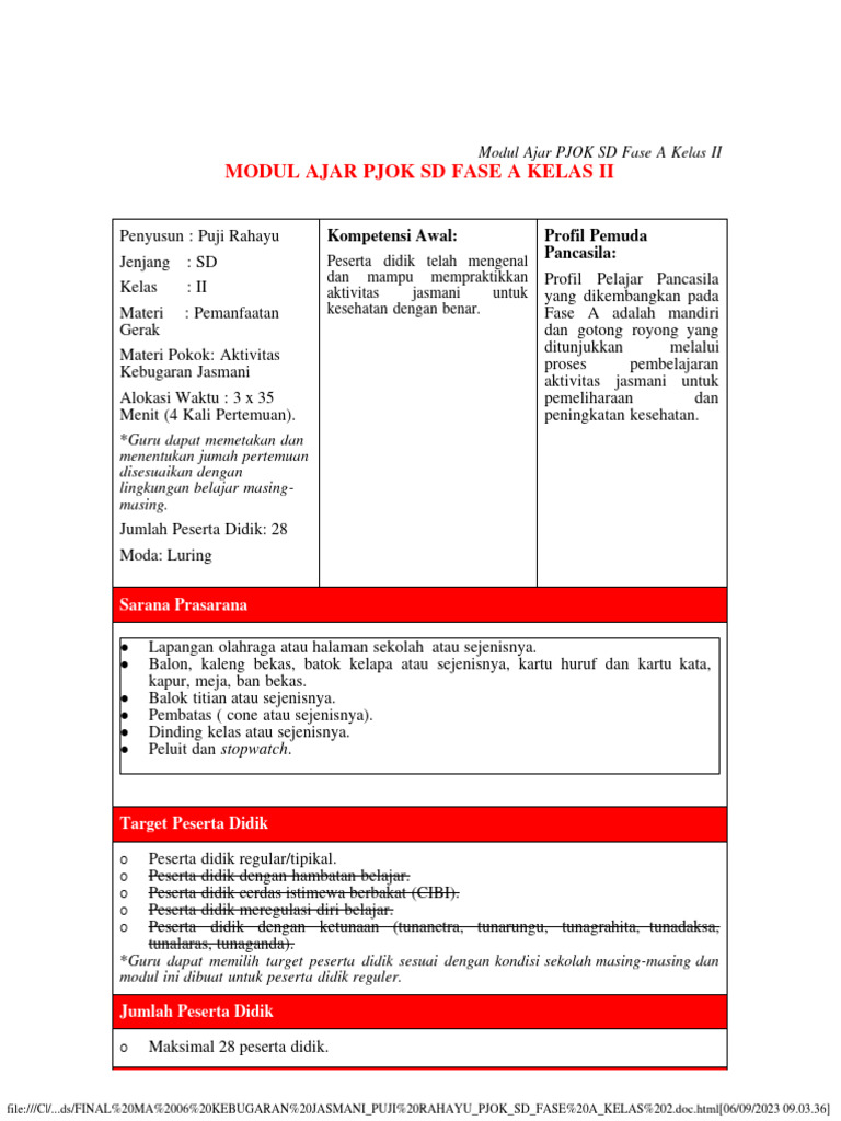 Modul FINAL MA 06 KEBUGARAN JASMANI - PUJI RAHAYU - PJOK - SD - FASE A - KELAS 2 | PDF