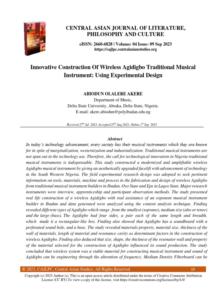 Innovative Construction of Wireless Agidigbo Traditional Musical Instrument: Using Experimental ...