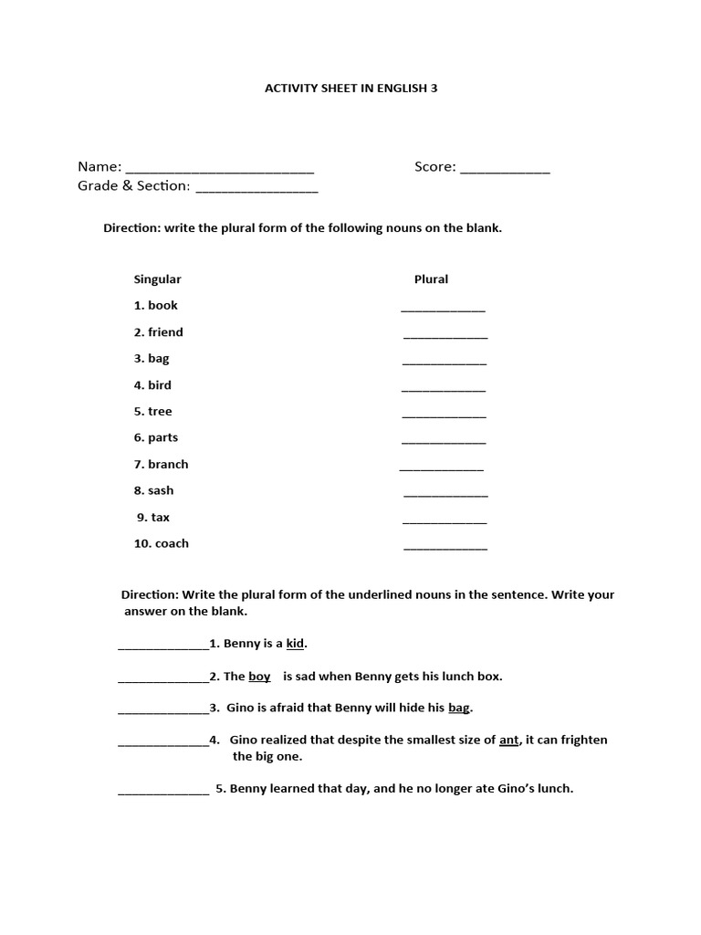 Plural Nouns Activity Sheet | PDF | Career & Growth | Language Arts ...