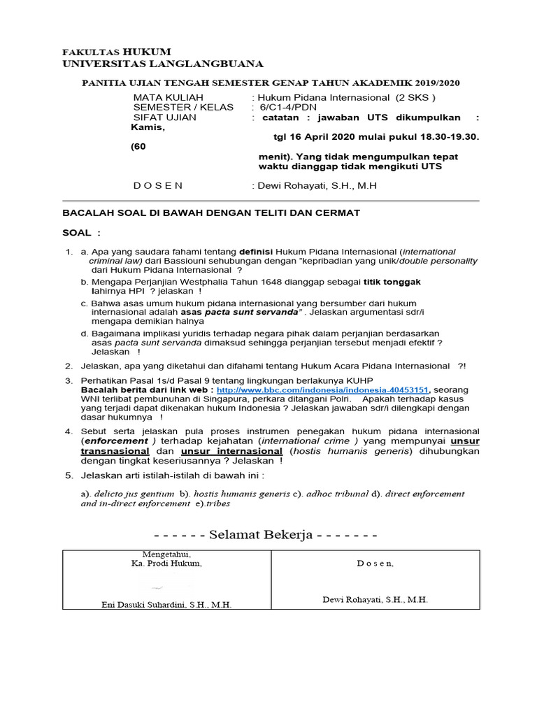 Soal Uts Daring Hk. Pid. Internasional | PDF