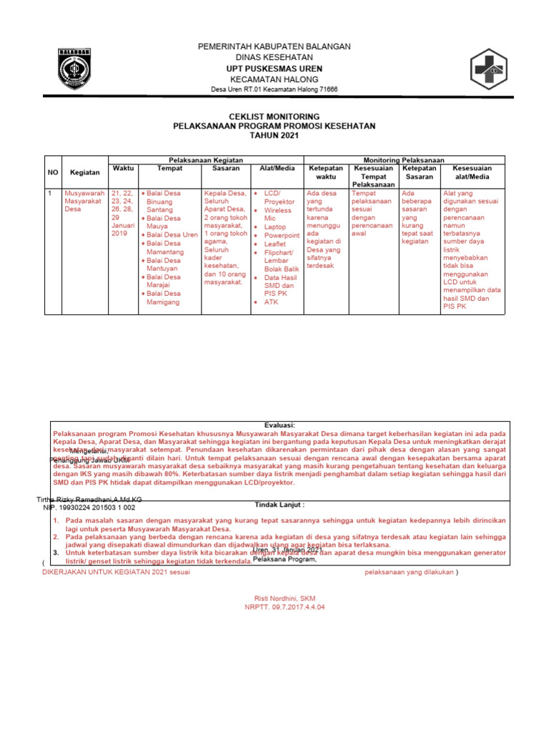 Lembar Monitoring UKM Promkes | PDF