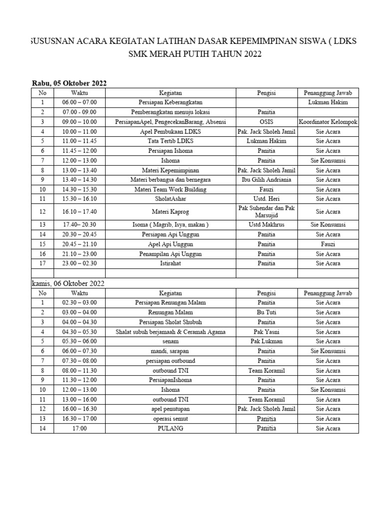 Jadwal LDKS SMK Merah Putih 2022 | PDF