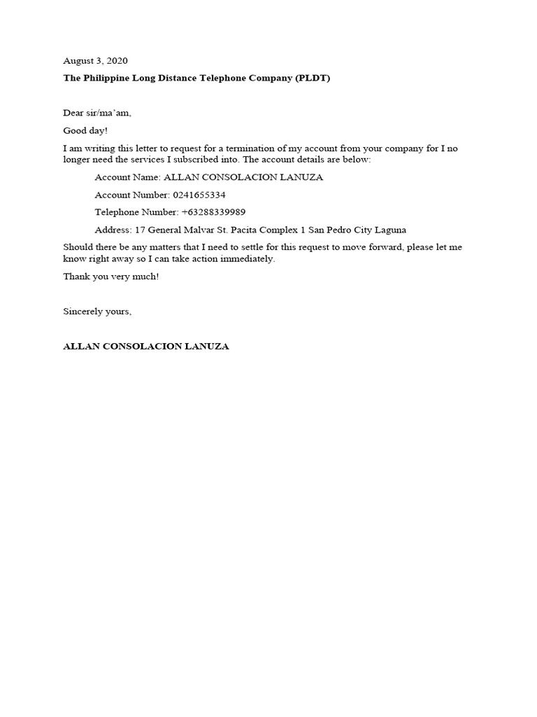 PLDT Letter of Request For Termination PDF Free | PDF