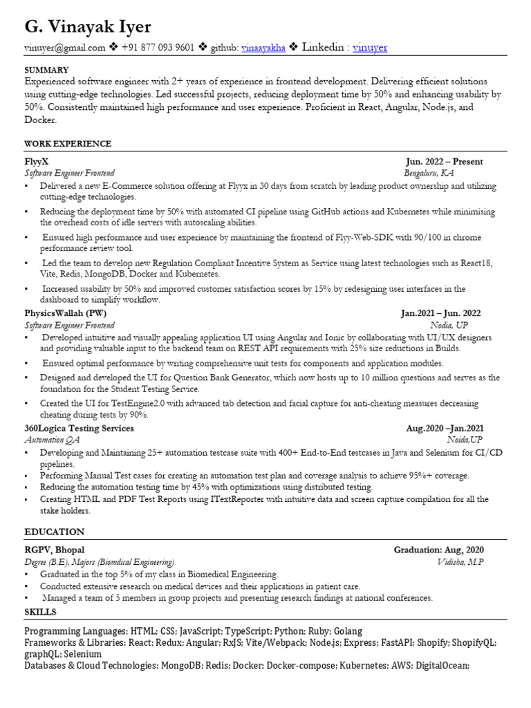 G Vinayak Iyer Resume | PDF | Selenium (Software) | User Interface