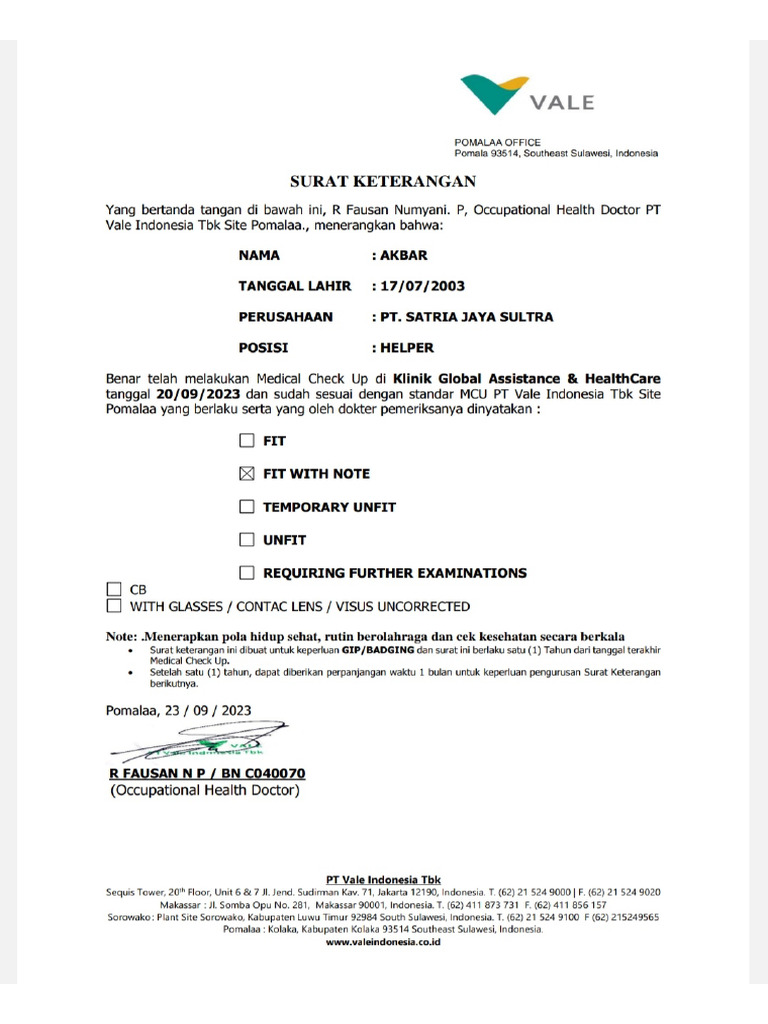 Surat Fit Akbar PT SJS | PDF