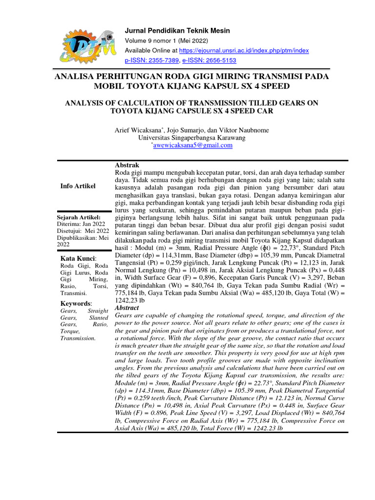 Analisa Perhitungan Roda Gigi Miring Transmisi Pada Mobil Toyota Kijang ...