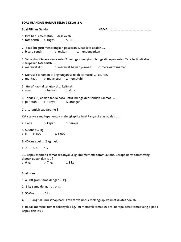 Soal Ulangan Harian Tema 6 Kelas 2 A | PDF