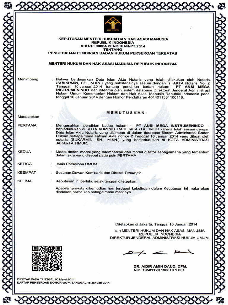 Akta PT Ansi (SK Menkumham) | PDF