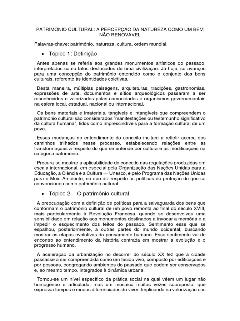 Patrimônio Cultural - A Percepção Da Natureza Como Um Bem Não Renovável ...