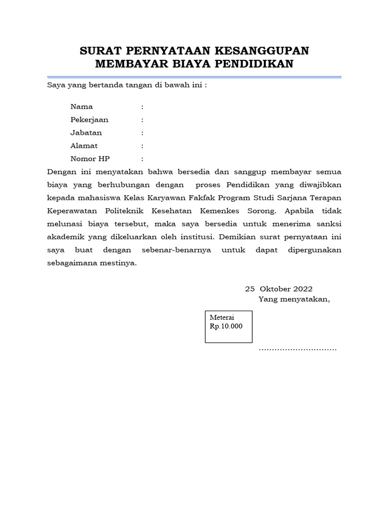 Surat Pernyataan Kesanggupan Membayar Biaya Pendidikan | PDF Surat Pernyataan Kesanggupan Membayar Biaya Pendidikan | PDF