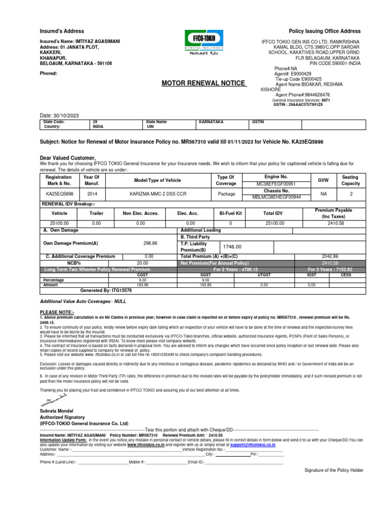 Motor Renewal Notice: Date: 30/10/2023 | PDF | Insurance | Vehicle ...