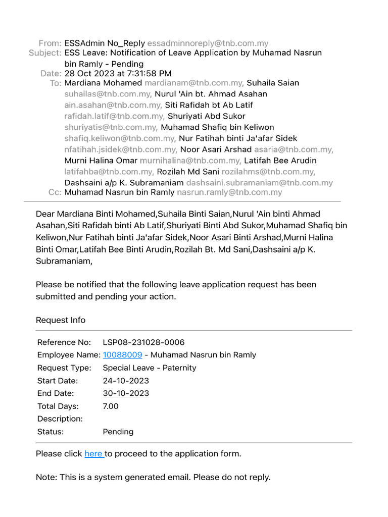 ESS Leave Notification of Leave Application by Muhamad Nasrun Bin Ramly ...