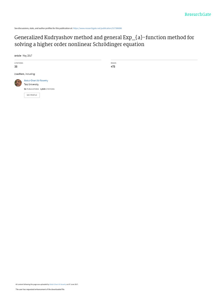 Generalized Kudryashov Method and General Exp A Function Method For Solving A Higher Order ...