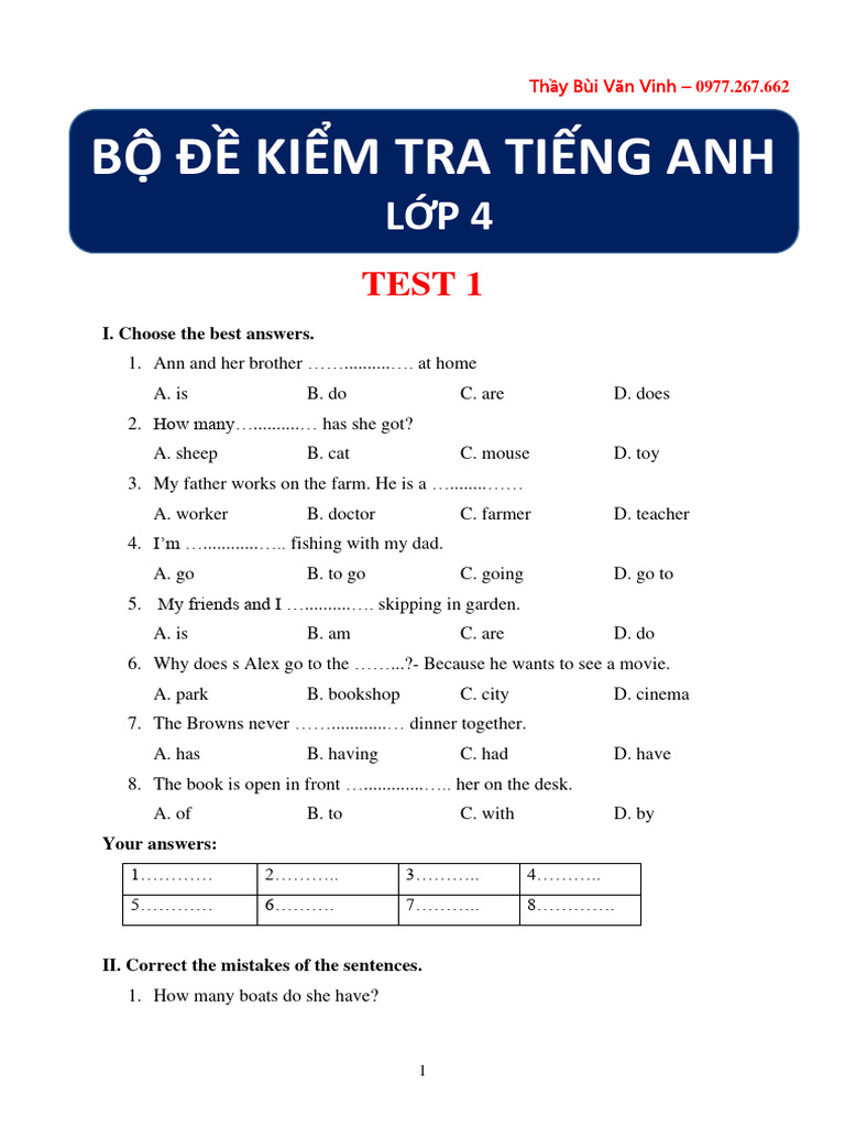 Bo de Kiem Tra Lop 4 - Bui Van Vinh | PDF