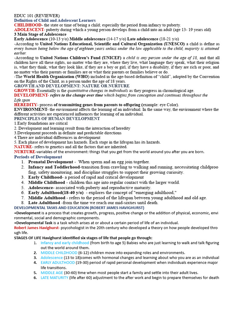 Educ 101 Midterm Reviewer | PDF | Cognitive Development | Twin