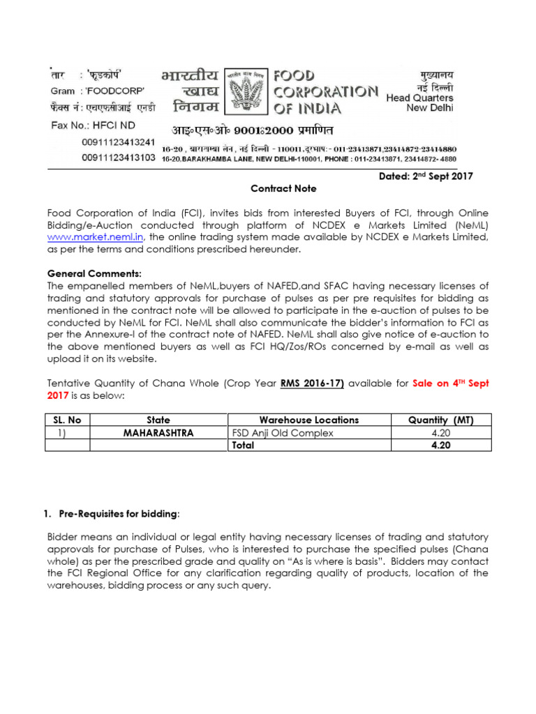 FCI Contract Note | PDF | Auction | Taxes