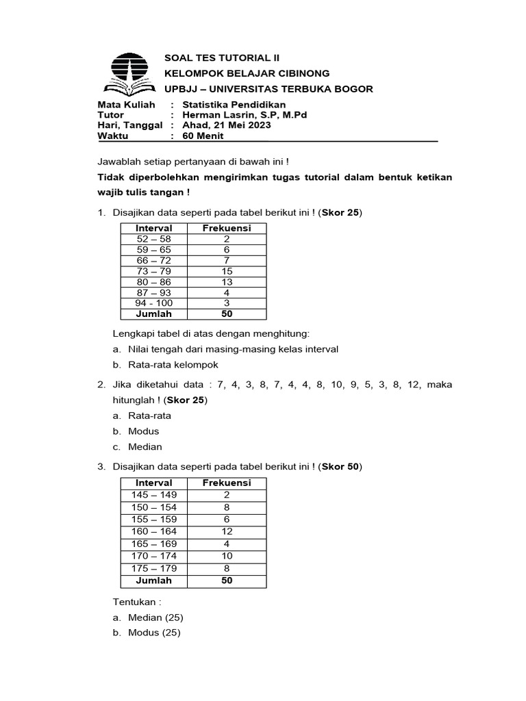 Soal TT-2 2023.2 Statistika PGSD | PDF