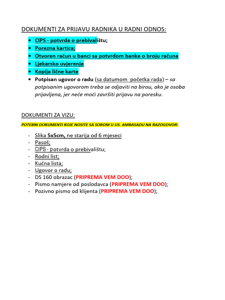 Dokumenti Za Prijavu Radnika I Za Vizu Usa | PDF