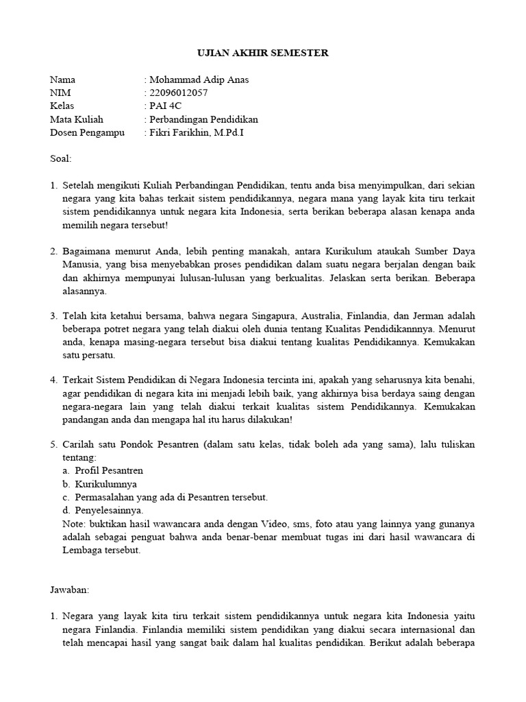 UAS Perbandingan Pendidikan (Mohammad Adip Anas - 22096012057) | PDF