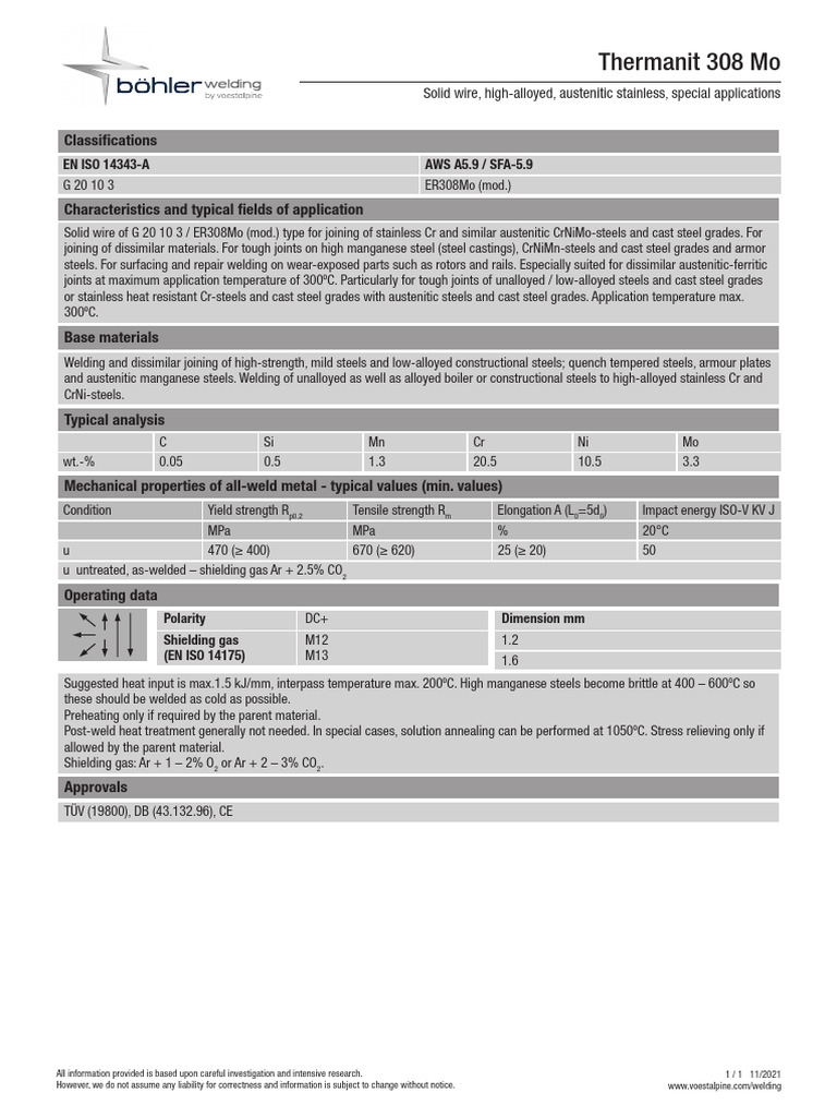 Thermanit 308 Mo 1SE3A00G 3407112 EN | PDF | Steel | Stainless Steel