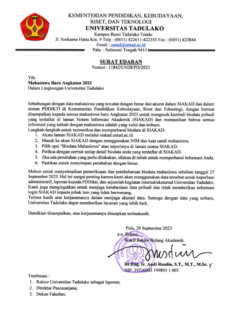Update Biodata SIAKAD UNTAD 2023 | PDF