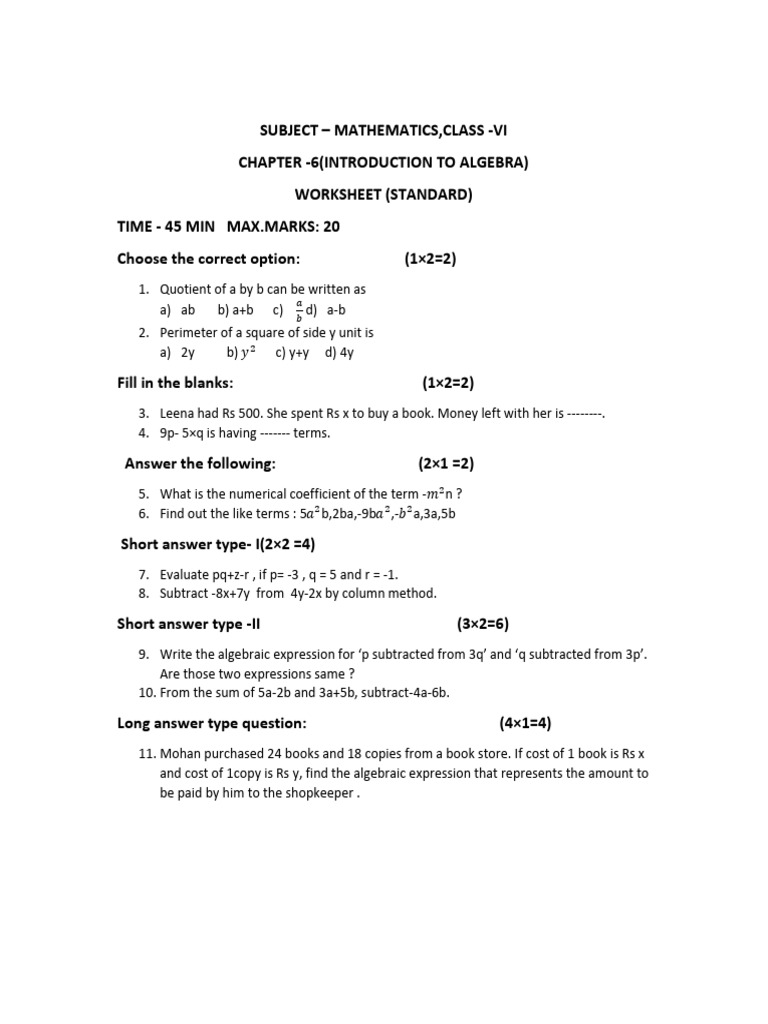Class VI Algebra Worksheet | PDF | Teaching Methods & Materials