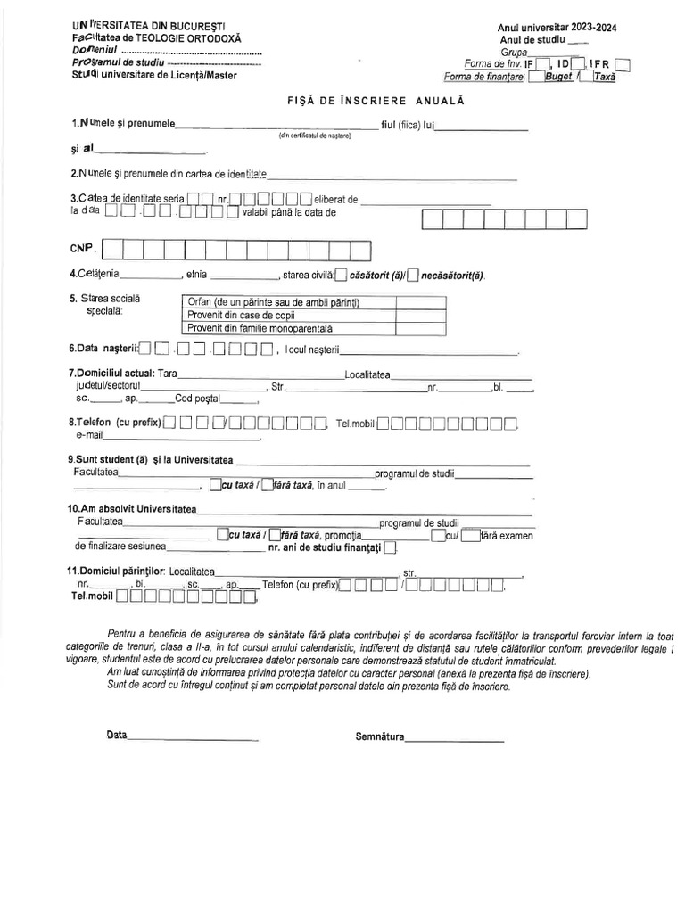 Fisa de Inscriere Anuala | PDF