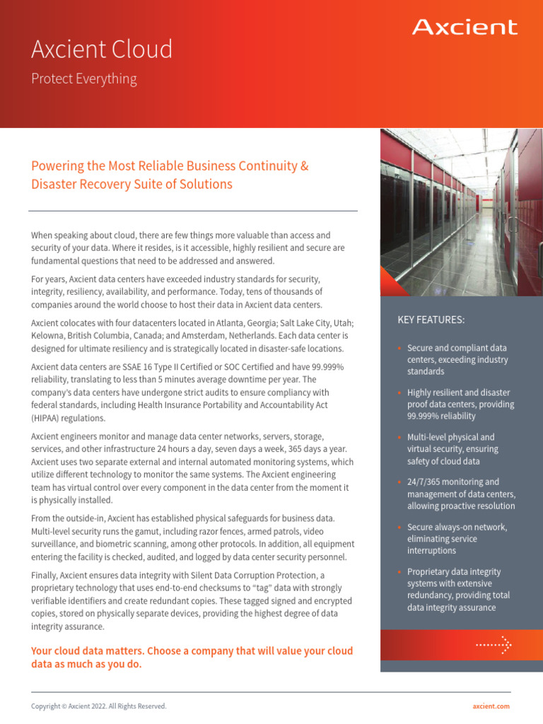 Datasheet Axcient Cloud Datacenters - HIPAA Compliance | PDF | Data Center | Cloud Computing