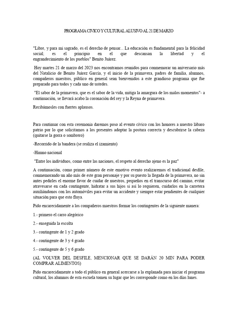 Programa Civico y Cultural Alusivo Al 21 de Marzo | PDF