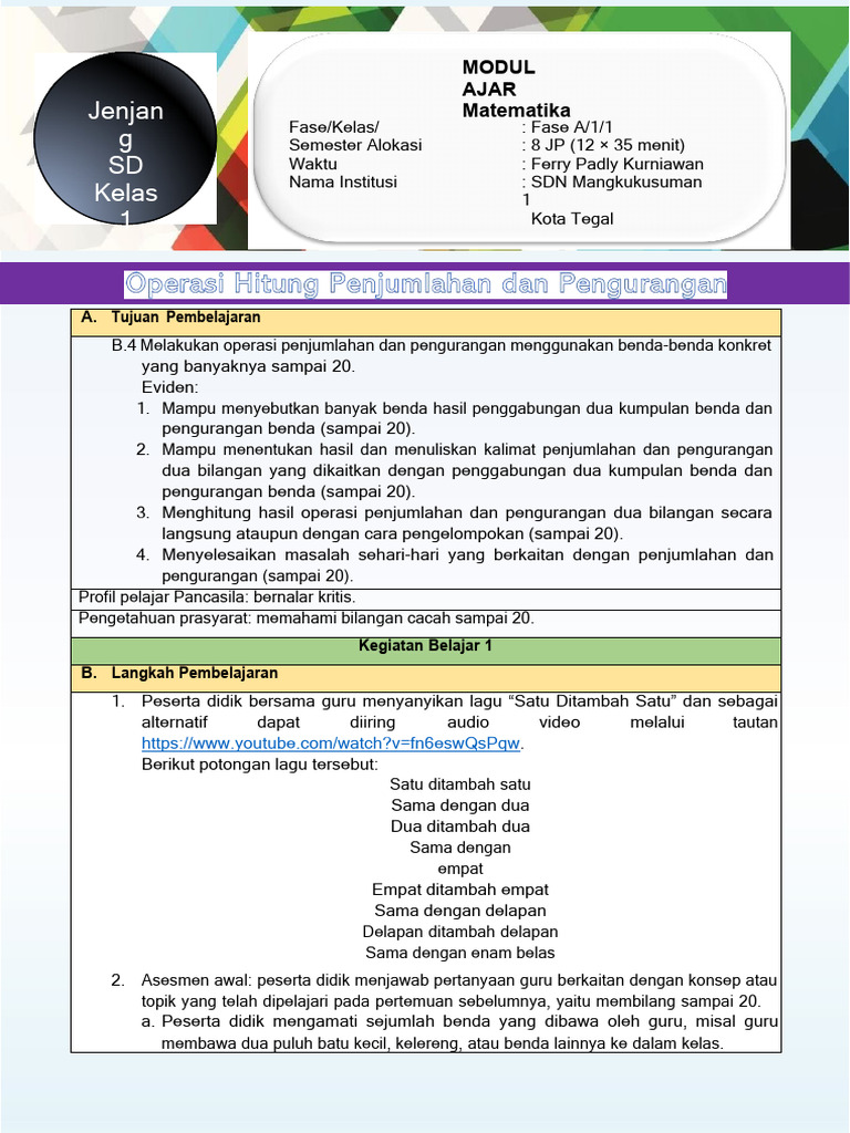 MA - Operasi Hitung Penjumlahan Dan Pengurangan - Pertemuan 1 | PDF