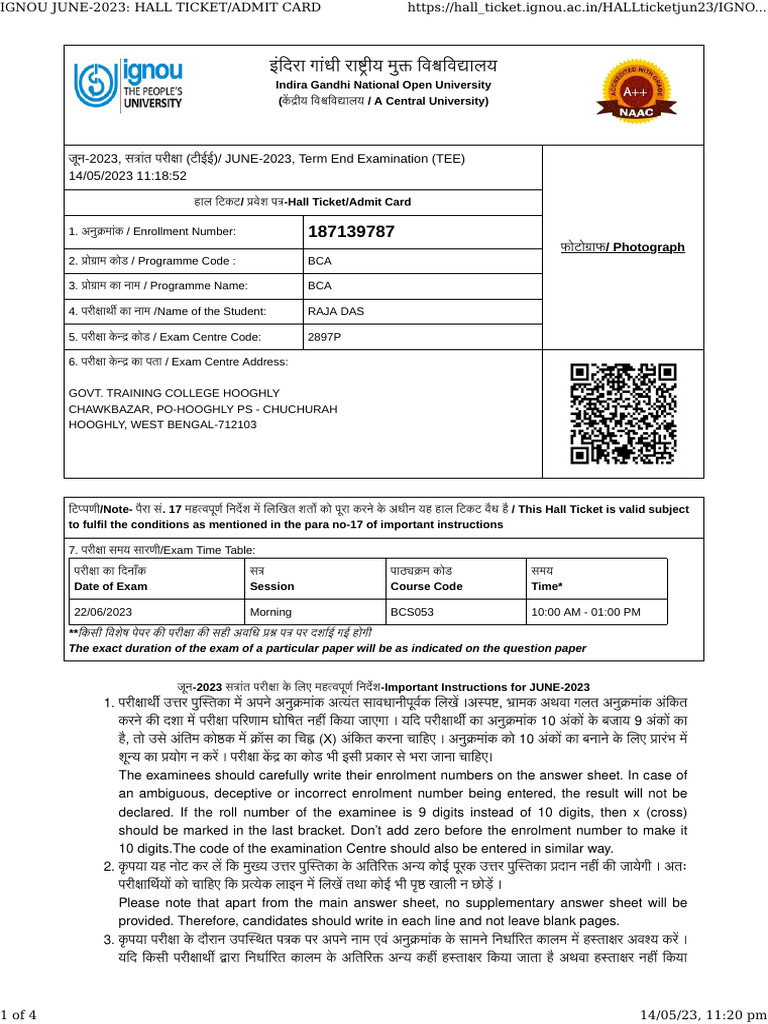 Ignou June-2023 Hall Ticket - Admit Card | PDF