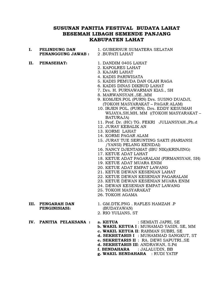 Draf 5 Susunan Panitia Festival Budaya Lahat | PDF