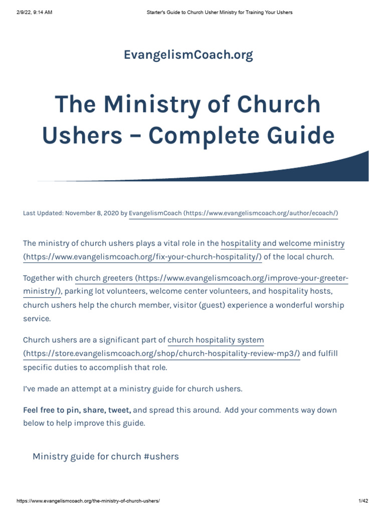 Starter's Guide To Church Usher Ministry For Training Your Ushers | PDF