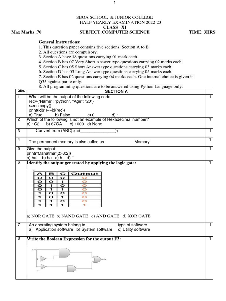 Std. 11 Computer Science - Half Yearly | PDF | Mathematics | Python (Programming Language)