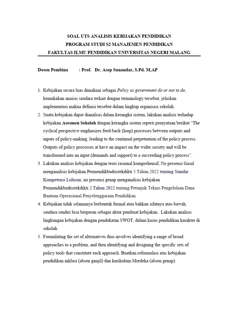 Soal Uts Analisis Kebijakan Pendidikan 2023 | PDF | Karier & Perkembangan | Pengembangan Diri