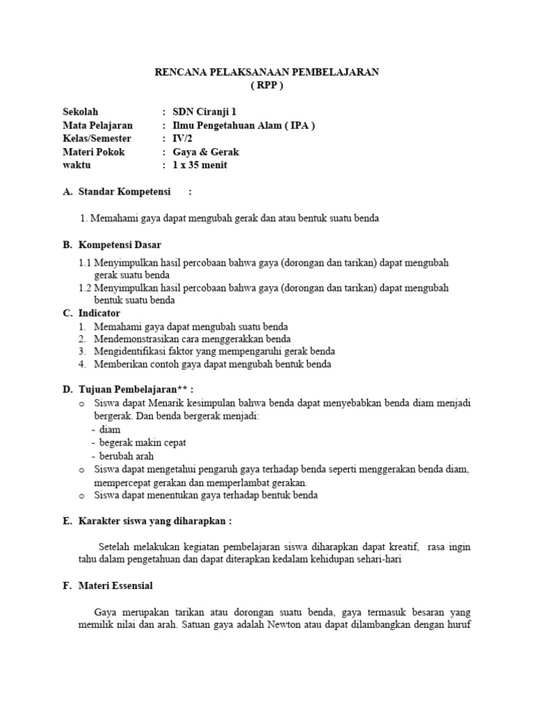 CONTOH RPP IPA KELAS 4 SEMESTER 2 Docx | PDF