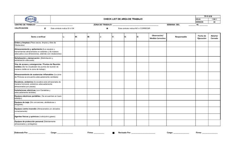 Tp-f-018 Check List de Area de Trabajo | PDF | Materiales