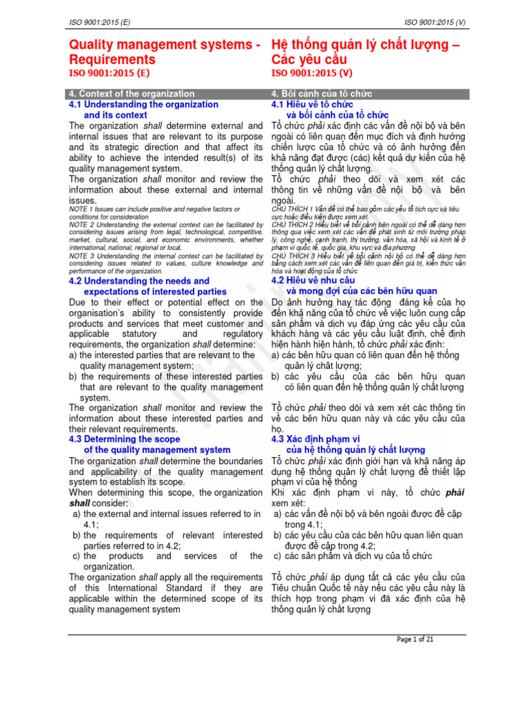 Tieu Chuan ISO 90012015 (Song Ngu) | PDF