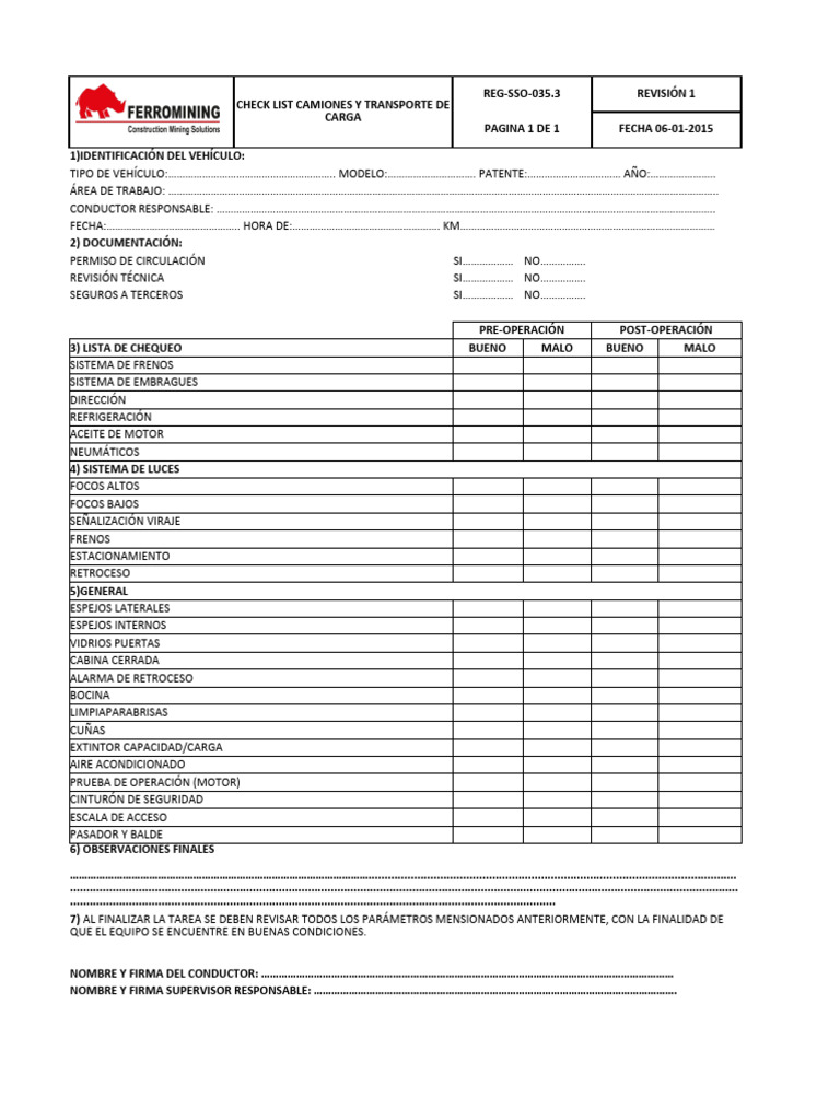 REG-SSO-035.3 Check List Camiones y Transporte de Carga | PDF ...