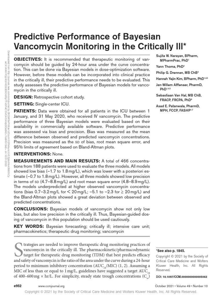 Predictive Performance of Bayesian Vancomycin Monitoring in The Critically Ill | PDF | Health ...