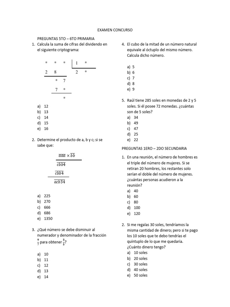 Preguntas de Matemáticas para Primaria y Secundaria | PDF