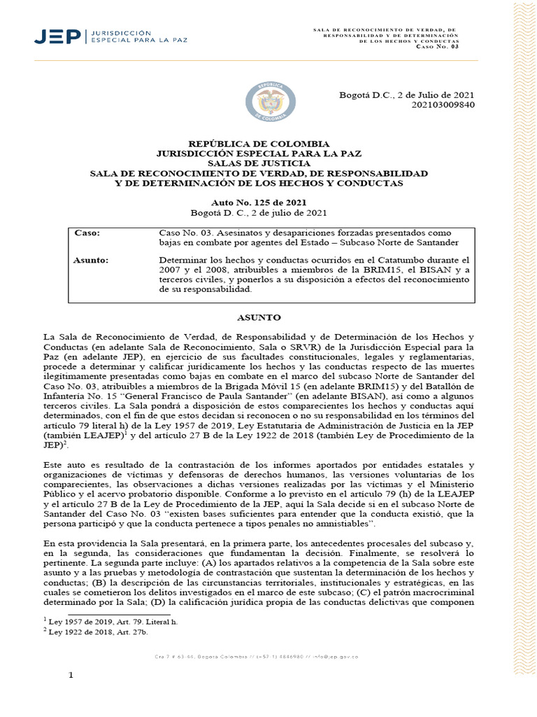 Reconocimiento de Hechos en Caso 03 JEP | PDF | Crimen de guerra ...