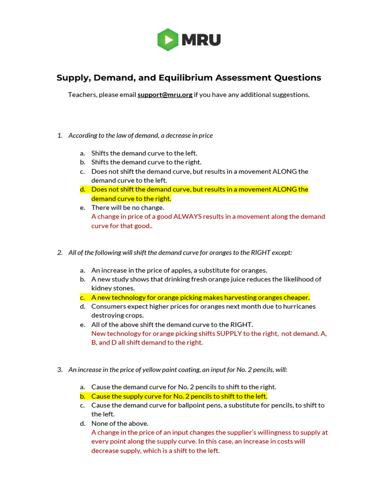 Supply, Demand, and Equilibrium Assessment Questions - MRU (With ...