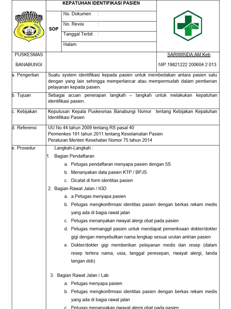 Sop Kepatuhan Identifikasi Pasien | PDF | Pengembangan Diri | Sains & Matematika